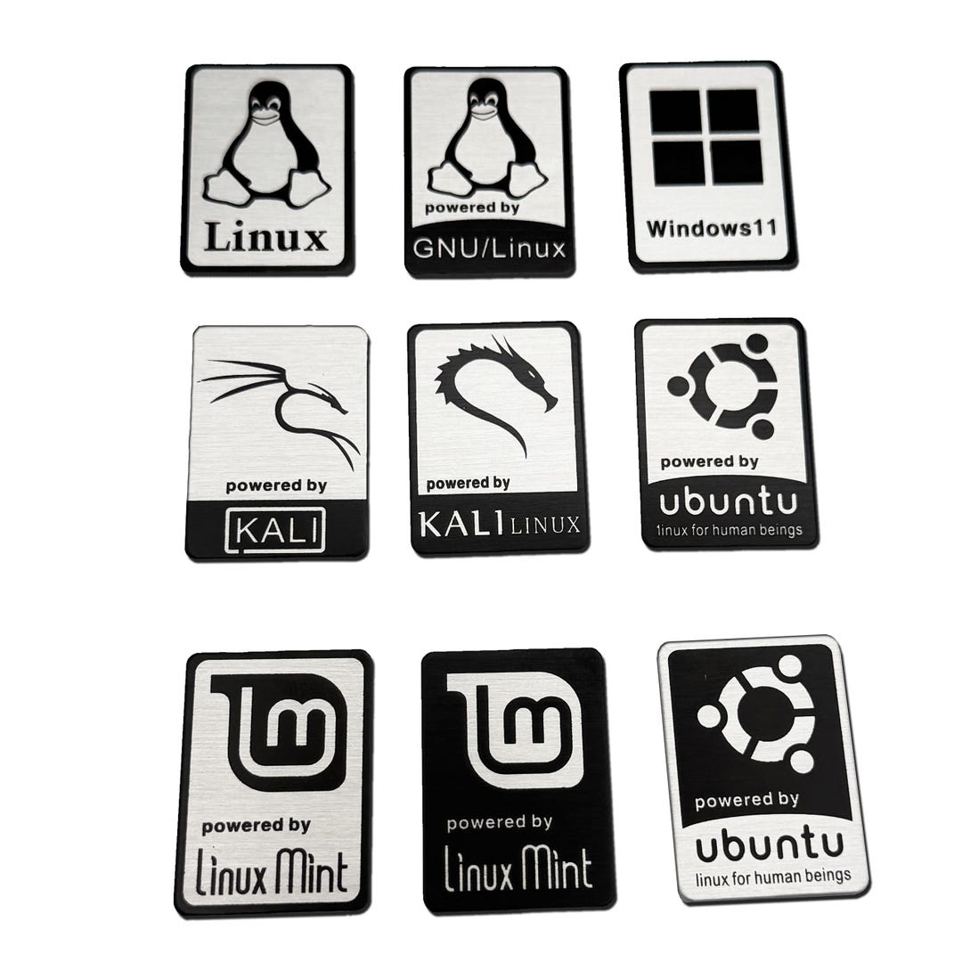 Linux OS Metal Sticker Nine Set , Brushed Aluminum Linux, Penguin, Kali ...