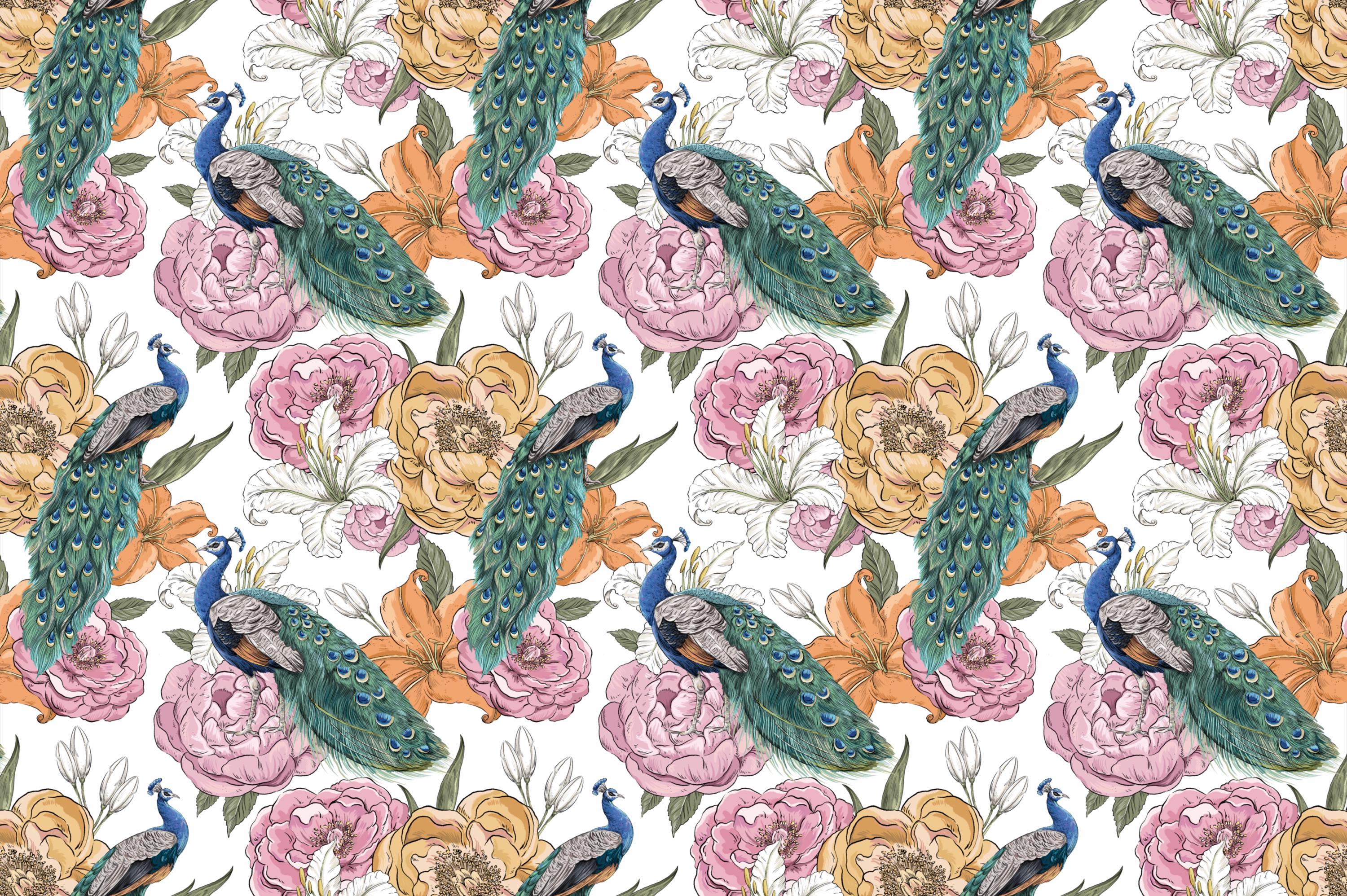 Peacock Floral Seamless Pattern, Vintage Botanical (JPG Files) - Etsy