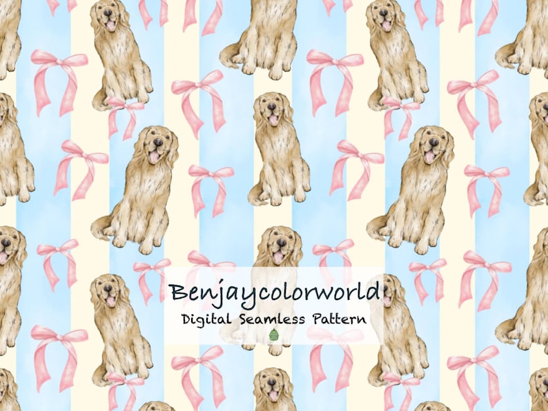 Golden Retriever Pink Bow Pattern, Dog Ribbon Stripes, Pastel Puppy ...