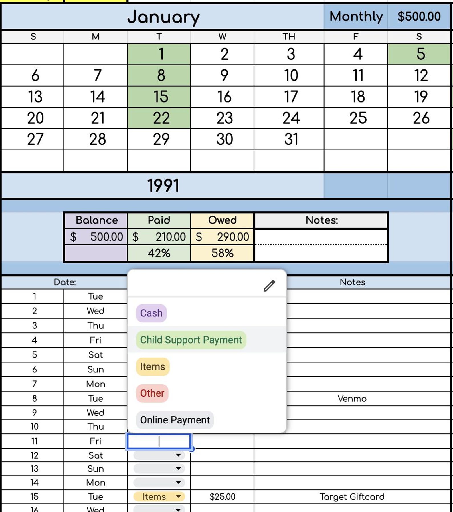 AUTOMATED Child Support Log With Monthly/yearly Summary Sheets - Etsy
