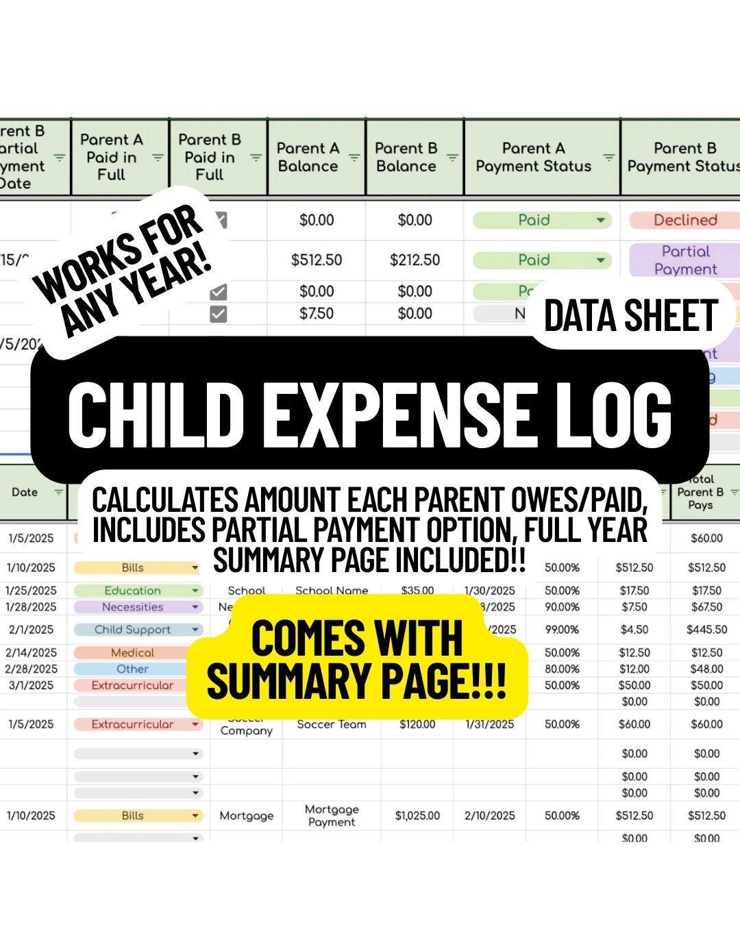 Child Expense Log Data Sheet- Works for Any Year! - Etsy