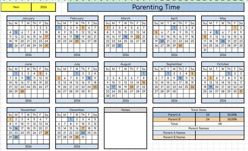 Parenting Time Log Data Sheet- Works for Any Year! - Etsy