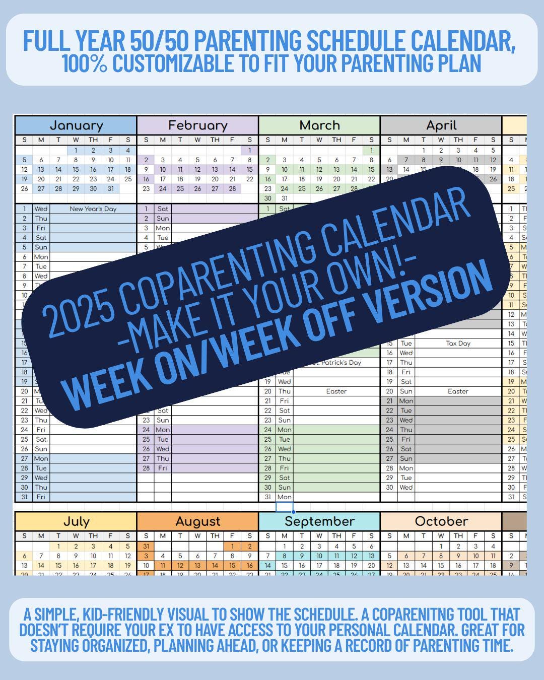 2025 Calendar 50 50 Week on Week off Custody Calendar Coparenting ...