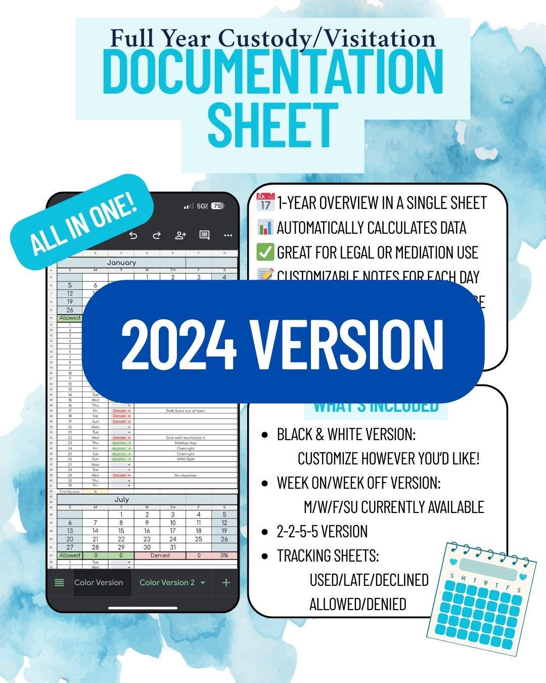 2024 YEAR Coparenting Calendar/custody Tracker 5050 Schedule 2255 ...