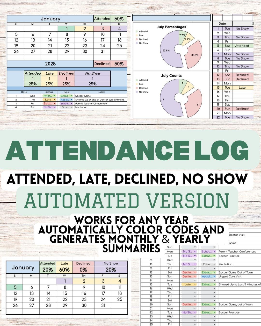 AUTOMATED Attendance Log With Monthly/yearly Summary Sheets - Etsy