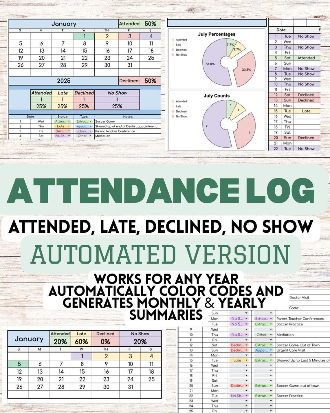 AUTOMATED Attendance Log With Monthly/yearly Summary Sheets - Etsy