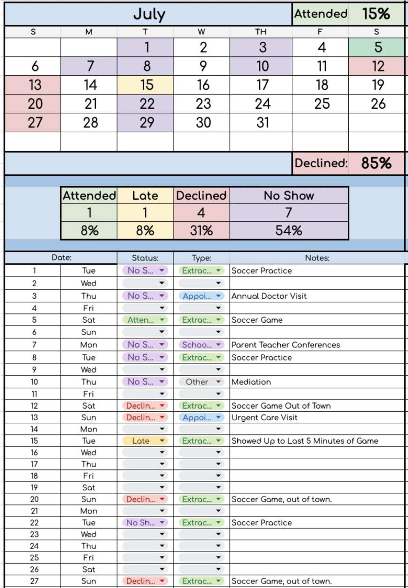 AUTOMATED Attendance Log With Monthly/yearly Summary Sheets - Etsy