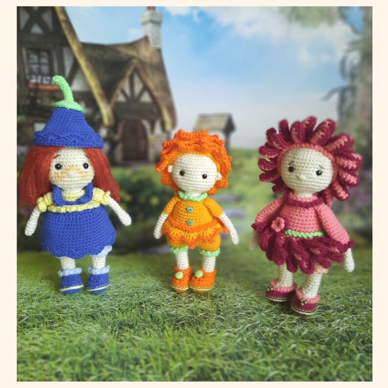 Set of 3 Flower Dolls Crochet Pattern, Amigurumi Dolls Chrysanthemum ...