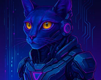Cybercat Sunsetrain – Futuristic Feline Wall Art | Neon Rain Digital ...