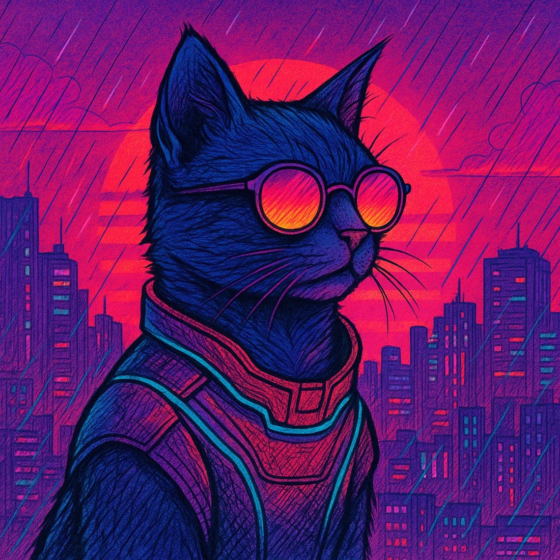 Cybercat Sunsetrain – Futuristic Feline Wall Art | Neon Rain Digital ...