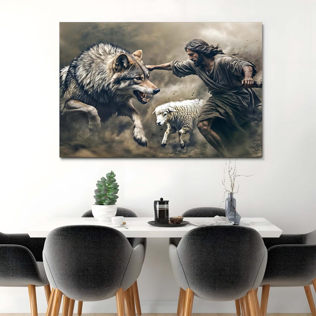Jesus Defending Sheep From Wolf – Christian Wall Art Canvas – Spiritual ...