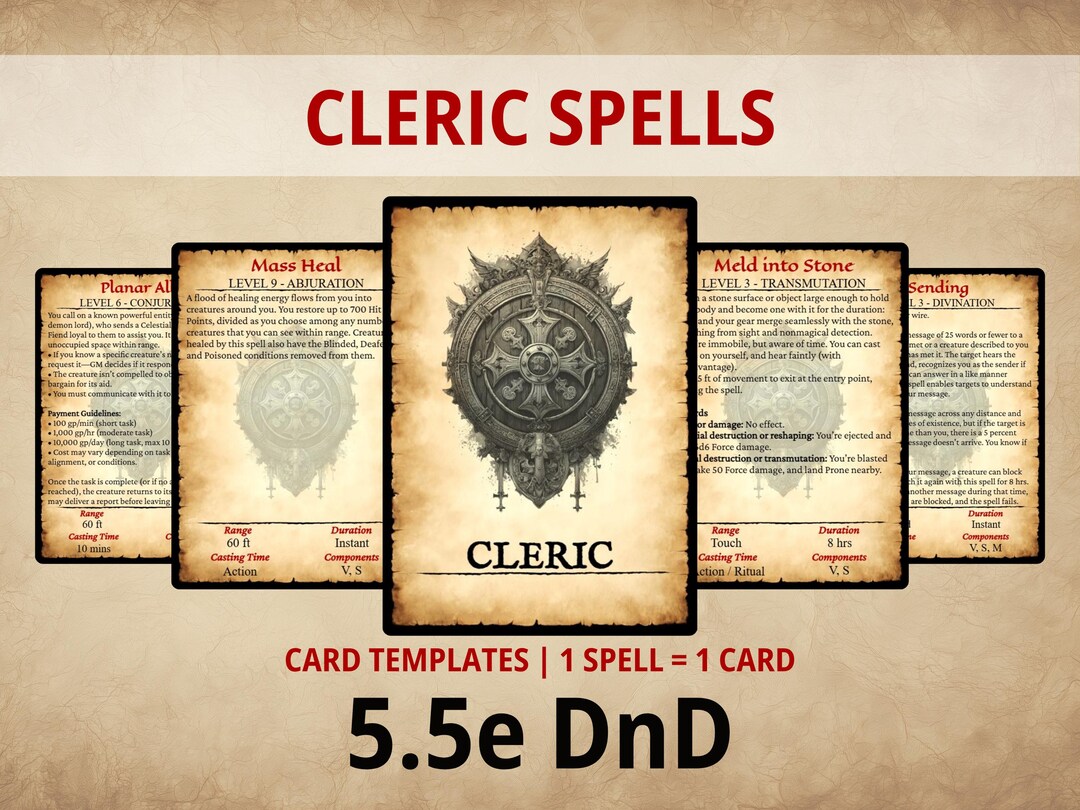 Cleric Spell Cards 2024 - 5.5e Printable PDF for All Classes & Levels ...