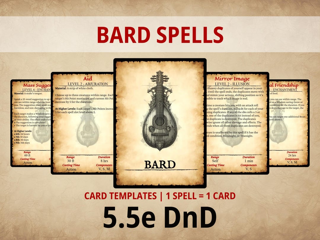 Dnd 5.5e Bard Spells Cards — Printable Spell Deck | Digital Download ...