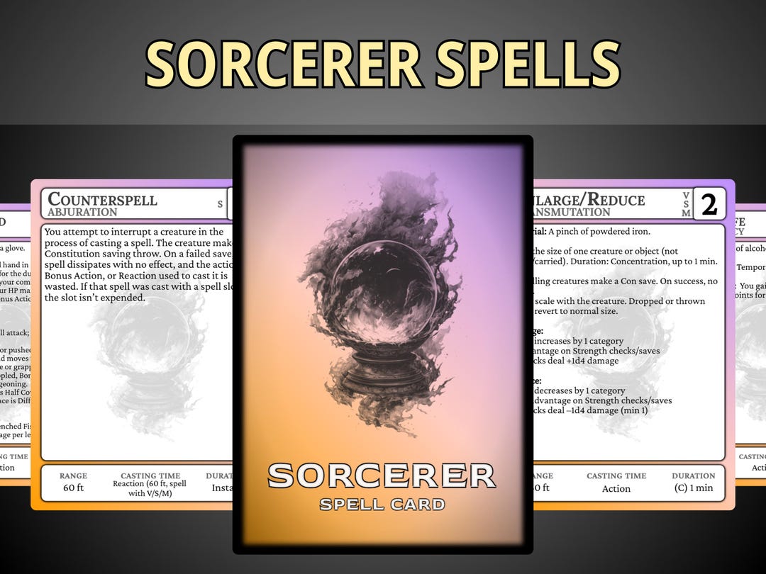 Sorcerer Dnd Spell Cards | Printable 5e Reference Deck (color-coded ...