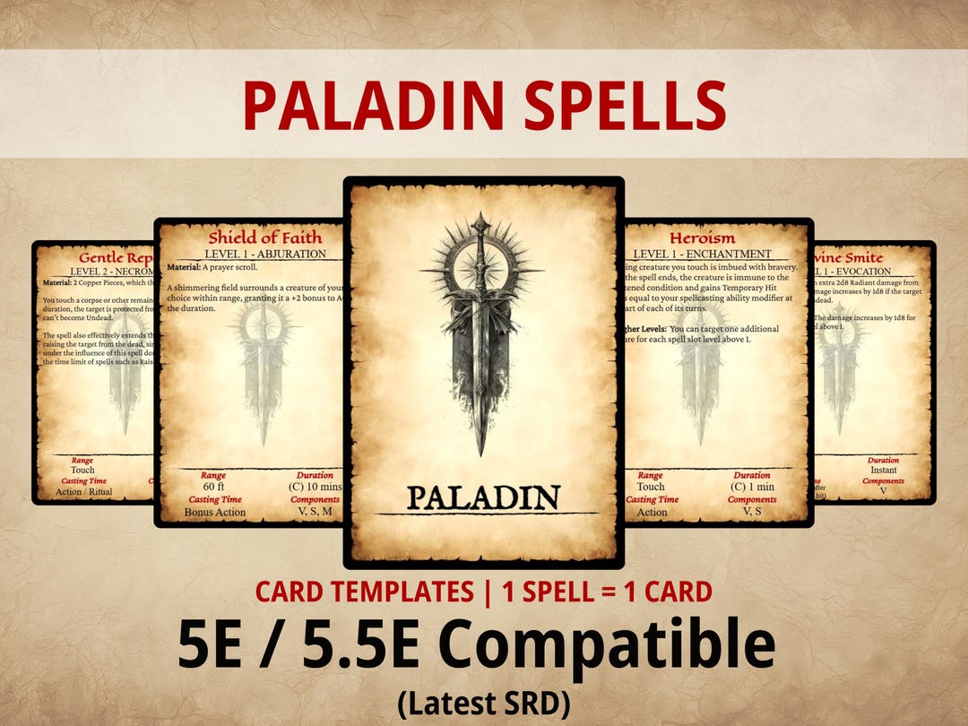 Paladin Spell Cards — Printable Dnd 5e/5.5e Spell Deck | Digital ...