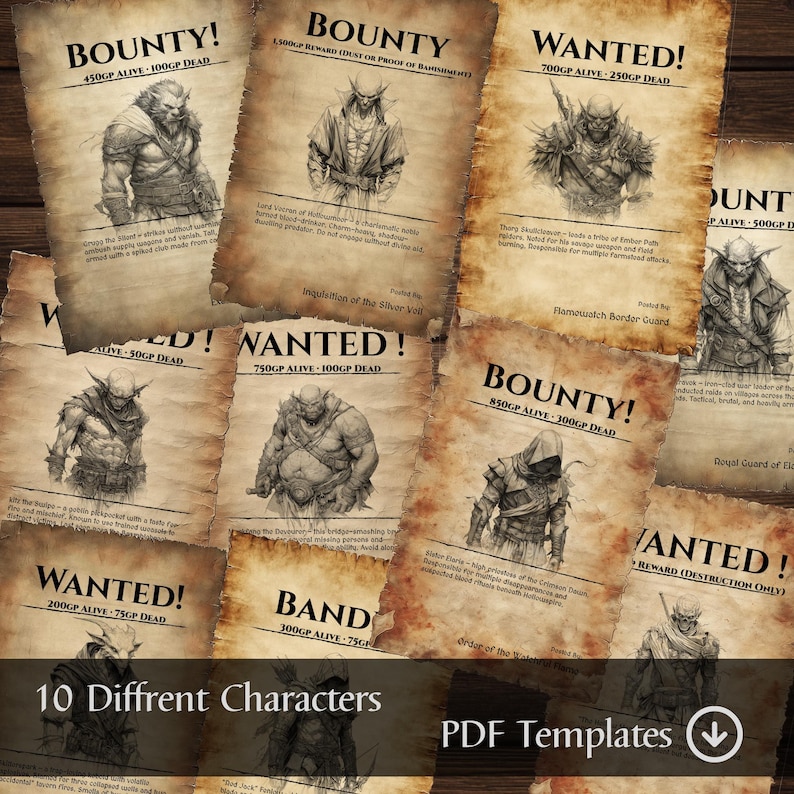 Printable Dnd Bounty Posters – “town Villains” Fantasy Art & RPG Quest ...
