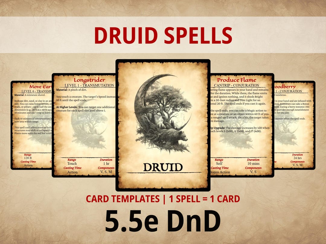 Druid 5e Spell Cards: Printable Dnd Spellbook (parchment Edition) (PDF ...