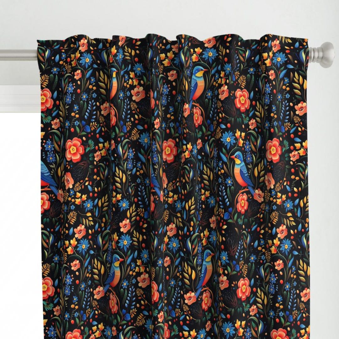 Midnight Garden Blue Bird Curtain Panel - Blue Birds - Branches Hand ...