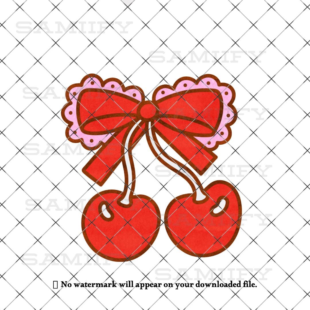 Kawaii Cherry Bow Clipart – Cute Red Cherries With Pink Ribbon PNG ...