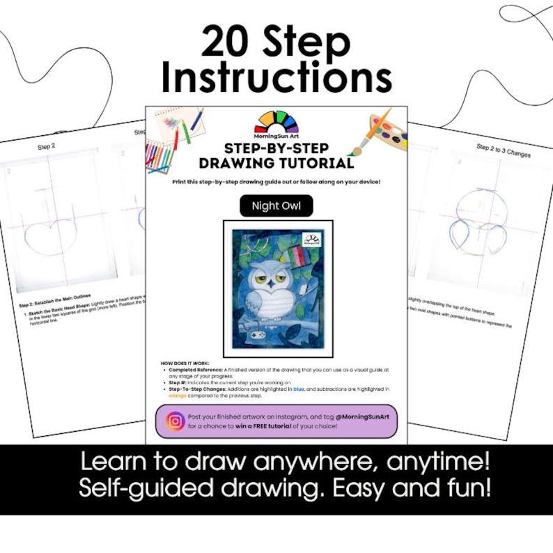 Night Owl Drawing Guide | Easy Step-by-step Art Printable + Digital ...