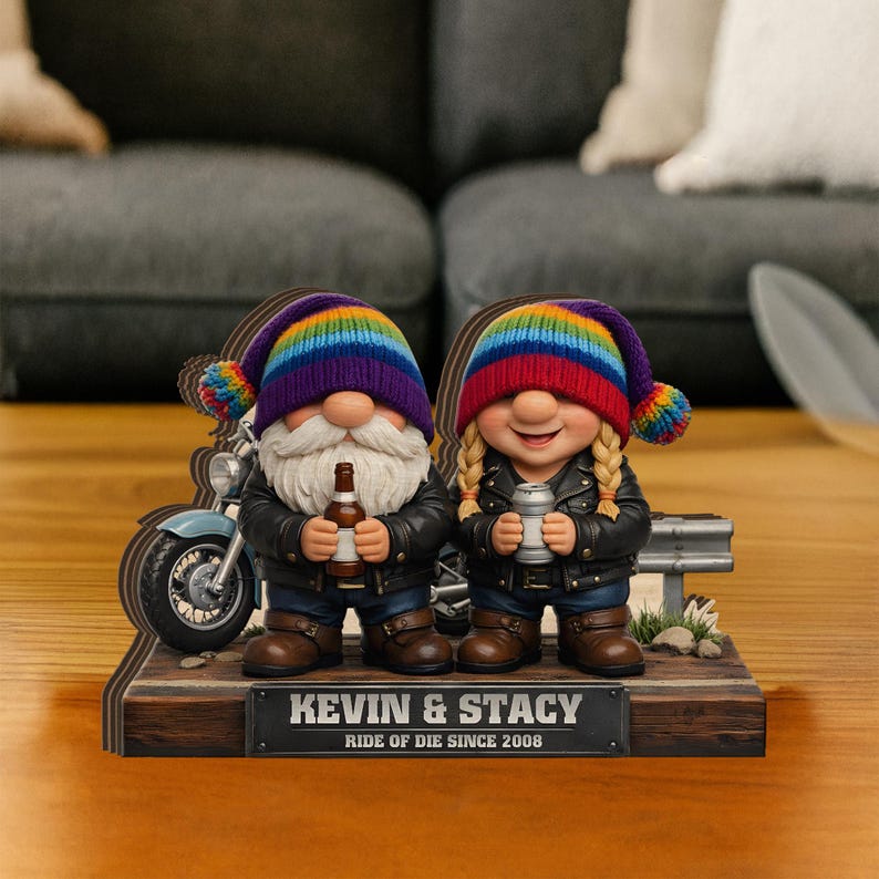 Personalized Wooden Block, Gnome Ride or Die Couple Decor, Motorcycle ...