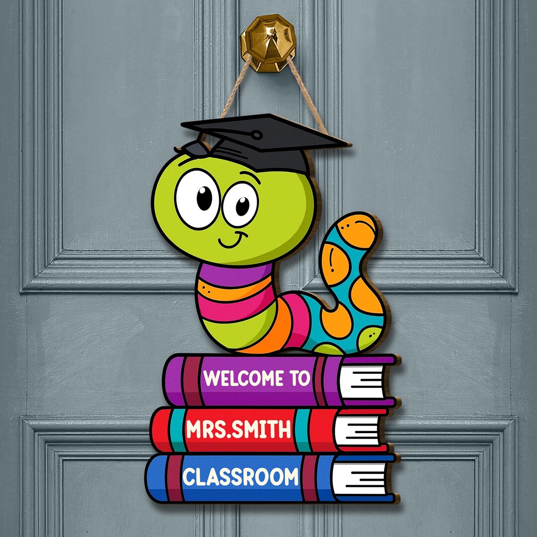 Welcome to Teacher Classroom Door Sign, Bookworm Teacher Decor ...