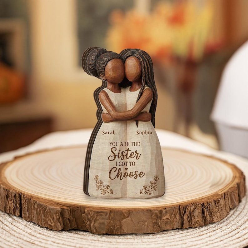 Personalized Sister Wooden Block Figurine, Two Women Hugging, Afro Hair ...