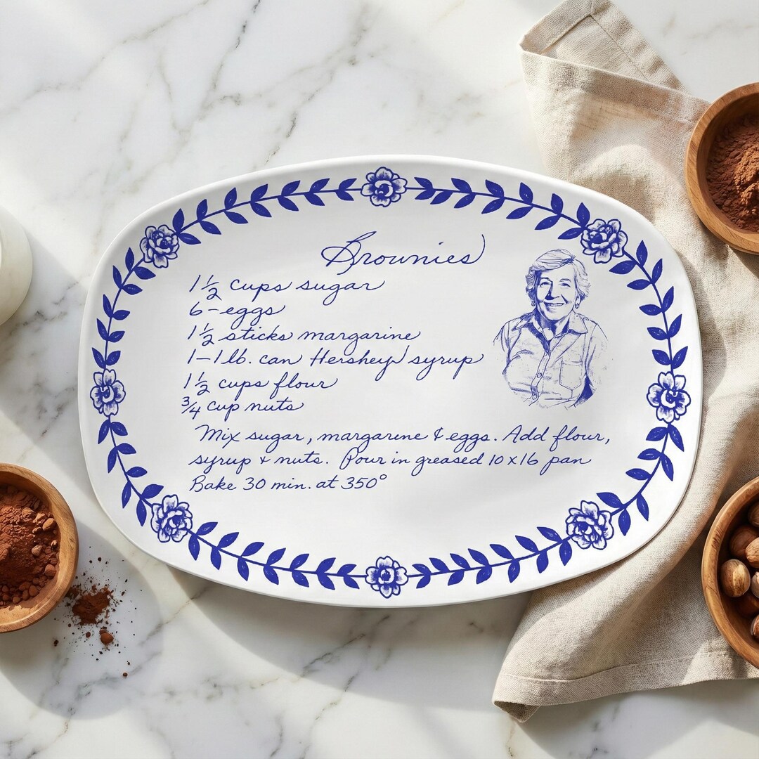Personalized Grandma Handwritten Recipe Platter, Portrait Sketch, Blue ...