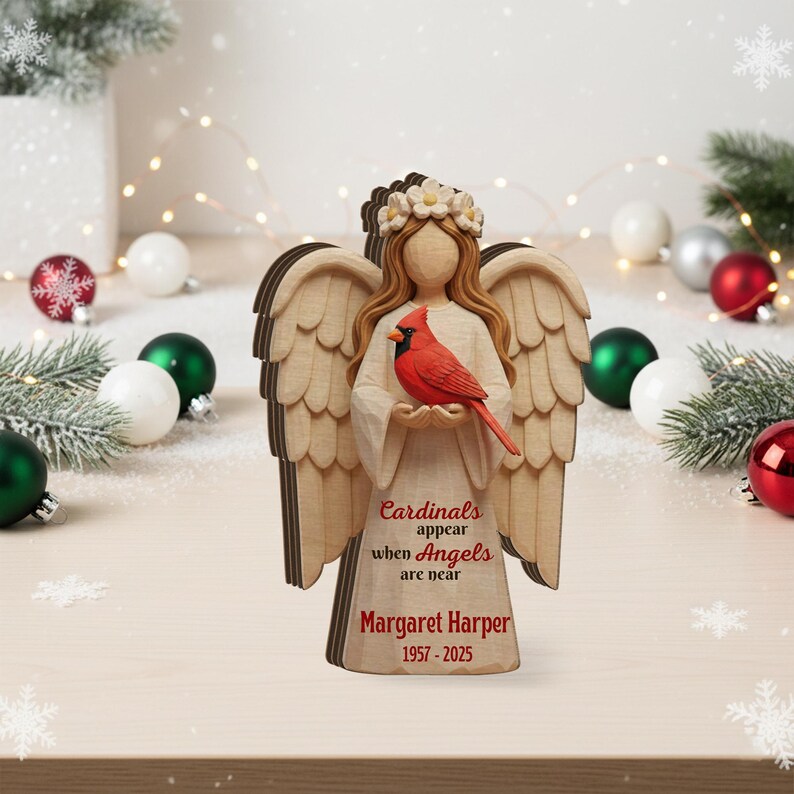 Personalized Cardinal Angel Printed Wooden Block, Custom Name Dates ...
