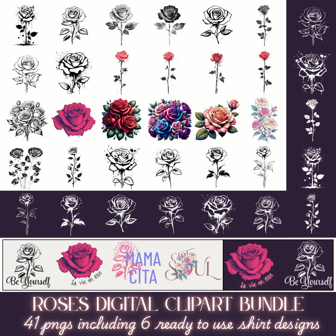 Rose PNG Clipart Bundle: Ink Stamp, Line Art, Grunge Florals (digital ...