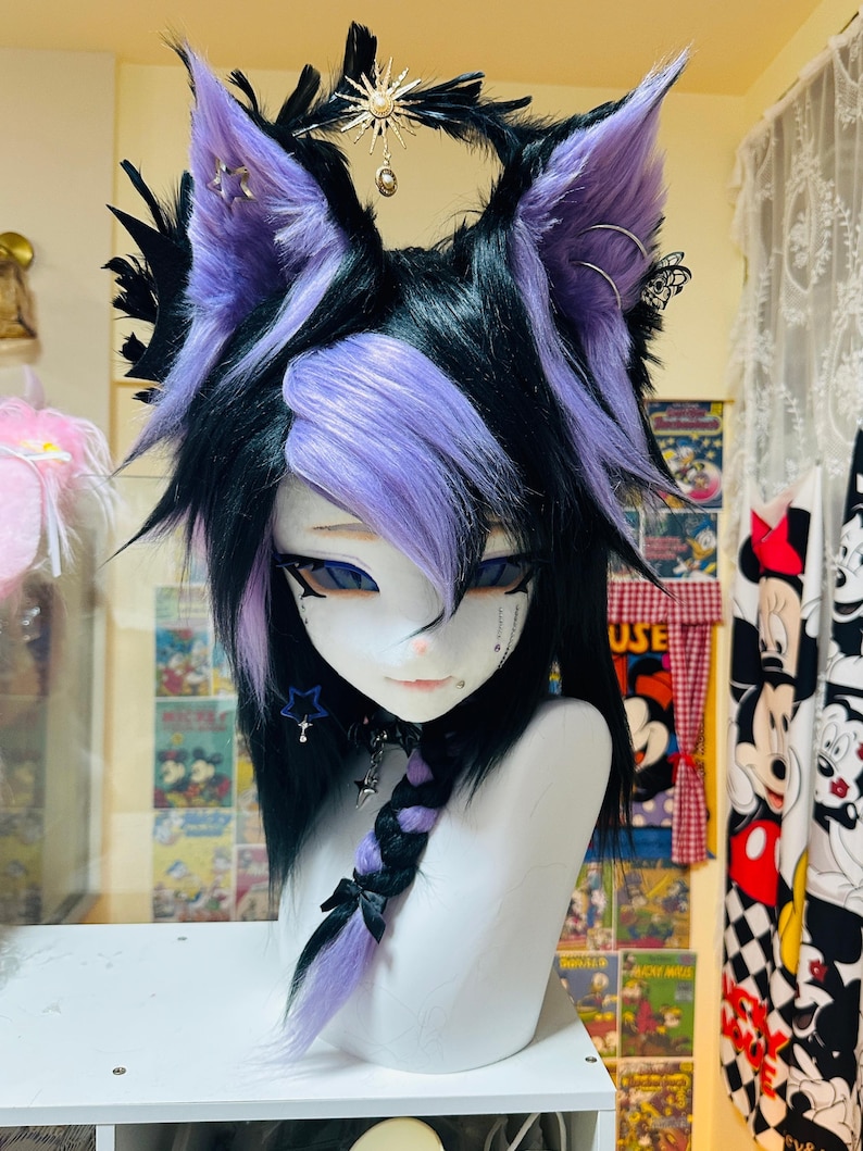 Gothic Purple Black Kemono Fursuit Head – Visual Kei Fox Mask With Star ...