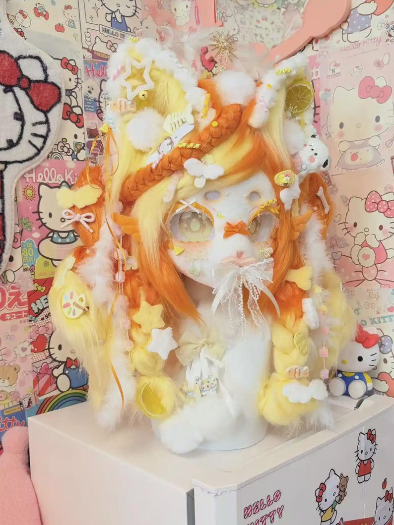 Yume Kawaii Kemono Fursuit Head, Orange Lemon Fox Mask With Braids ...