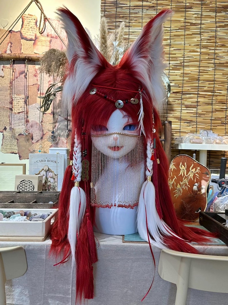 Custom Kemono Fursuit Head, Akahime Red Fox Mask With Braids & Veil ...