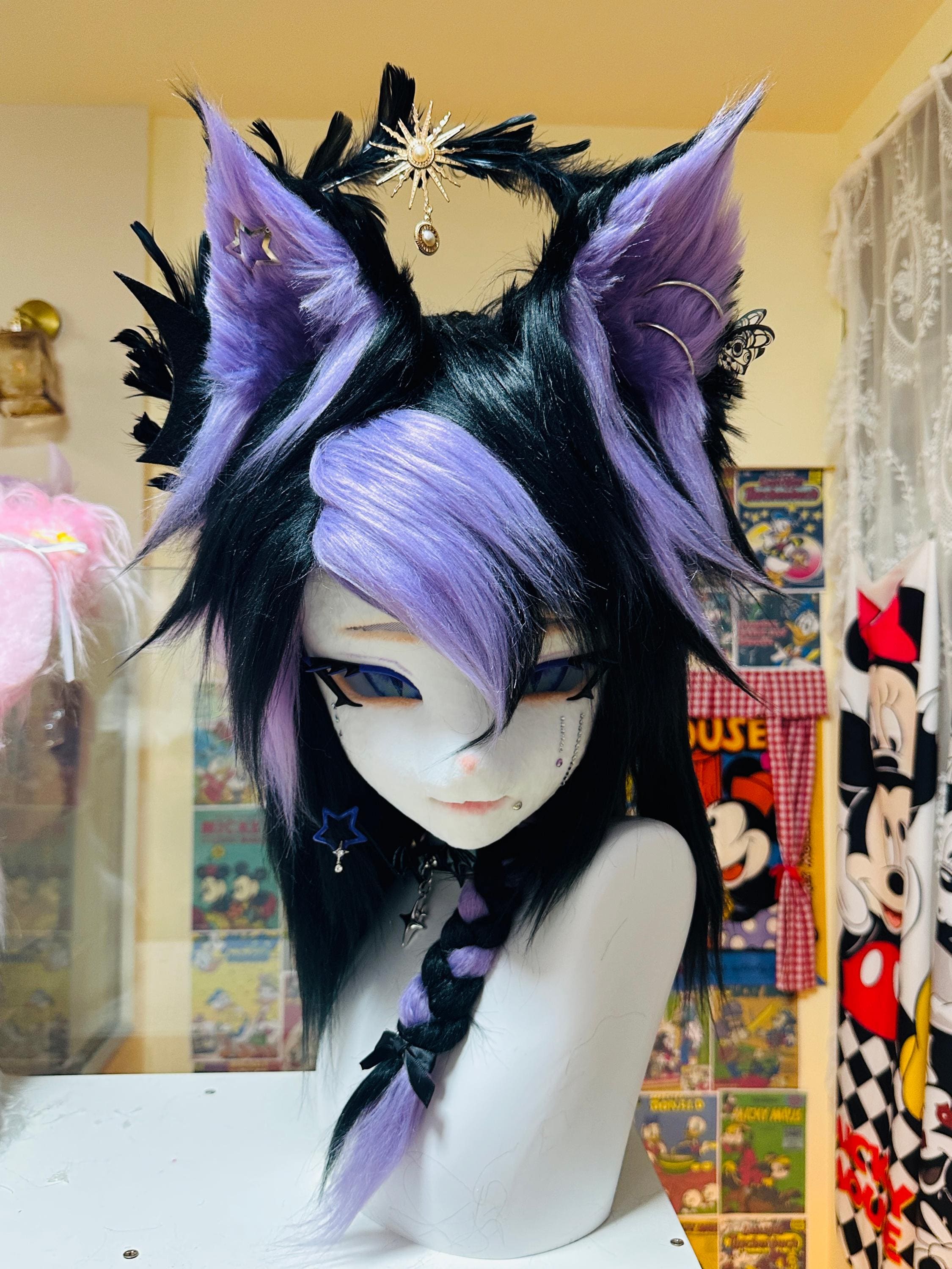 Gothic Purple Black Kemono Fursuit Head – Visual Kei Fox Mask With Star ...
