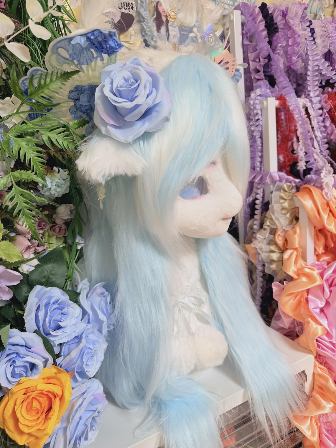 Custom Kemono Fursuit Head, Pastel Blue Fox Cat Mask With Feather ...