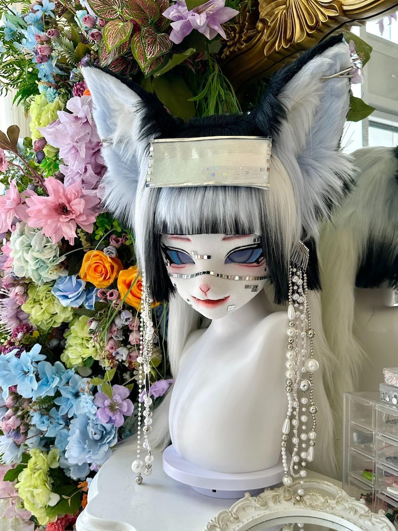 Furry Fursuit Head, White Kemono Fox Mask With Lavender Eyes, Anime ...