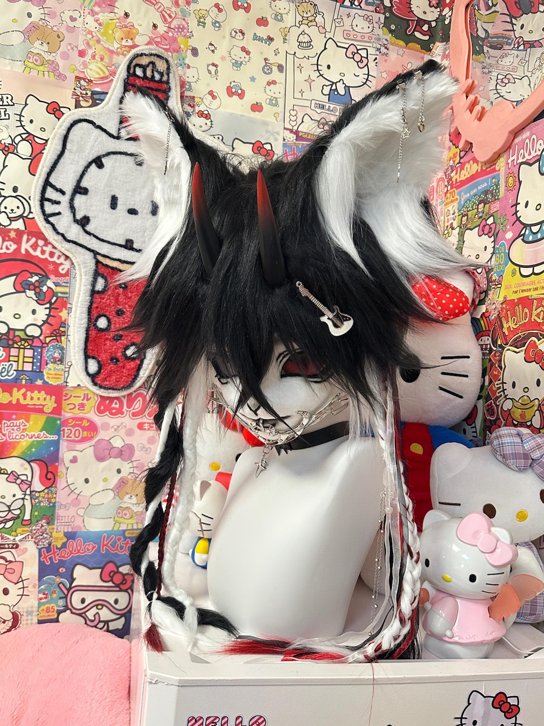 Custom Kemono Fursuit Head, Akakuro Oni Black Red Fox Demon Mask, Resin ...