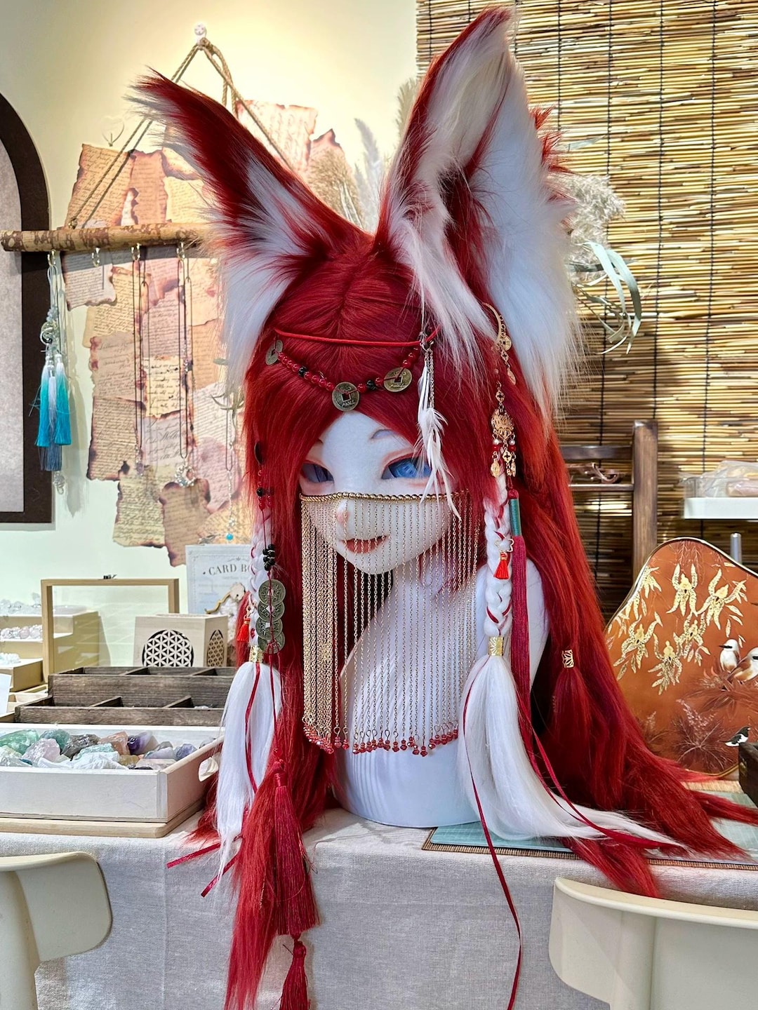 Custom Kemono Fursuit Head, Akahime Red Fox Mask With Braids & Veil ...