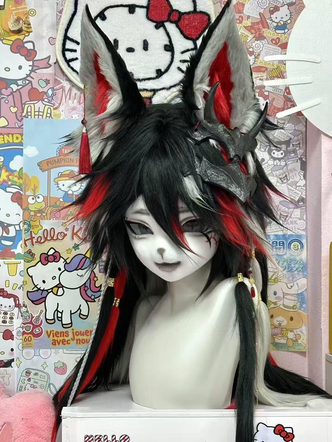 KIG Style Black and Red Fox Fursuit Head | Fluffy Cosplay Mask | Furry ...