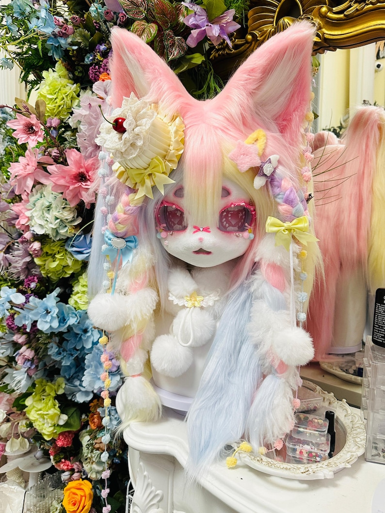Custom Kemono Fursuit Head, Pastel Fox Mask With Rainbow Braids & Cake ...