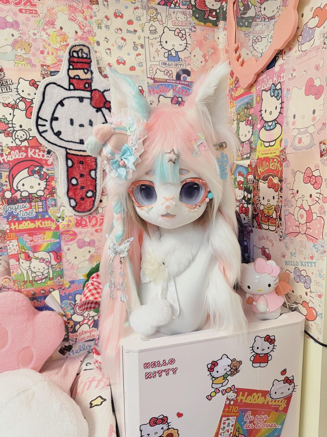 Yume Kawaii Kemono Fursuit Head, Pastel Pink Blue Fox Mask, Anime Resin ...