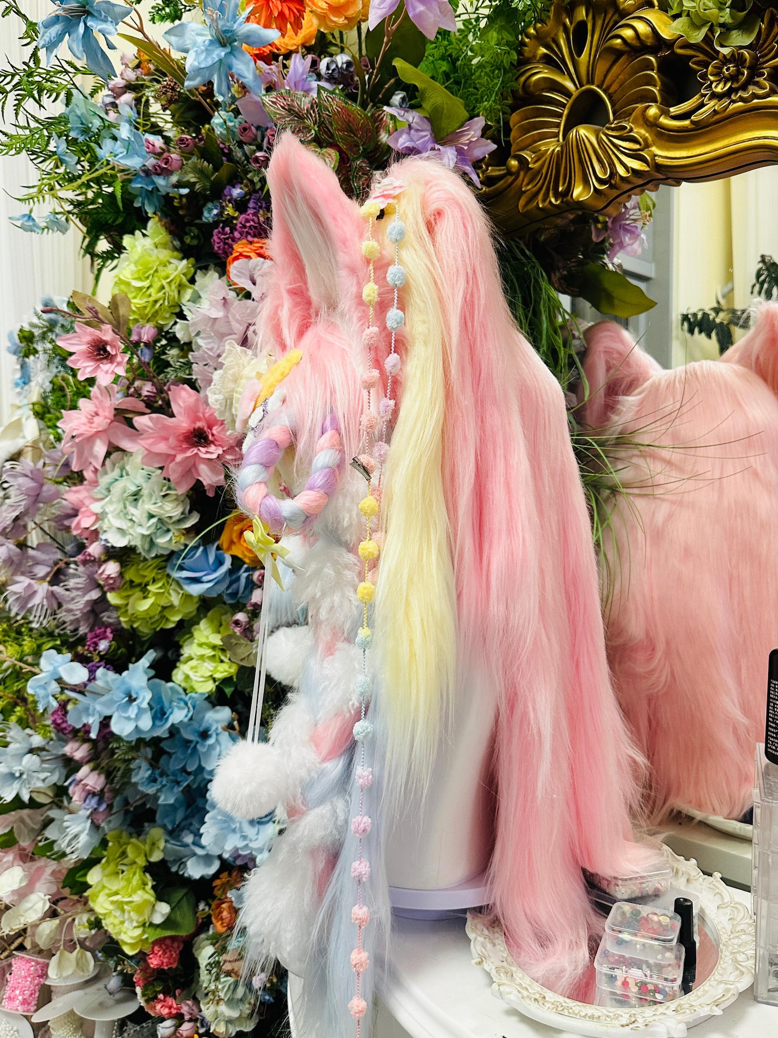 Custom Kemono Fursuit Head, Pastel Fox Mask With Rainbow Braids & Cake ...