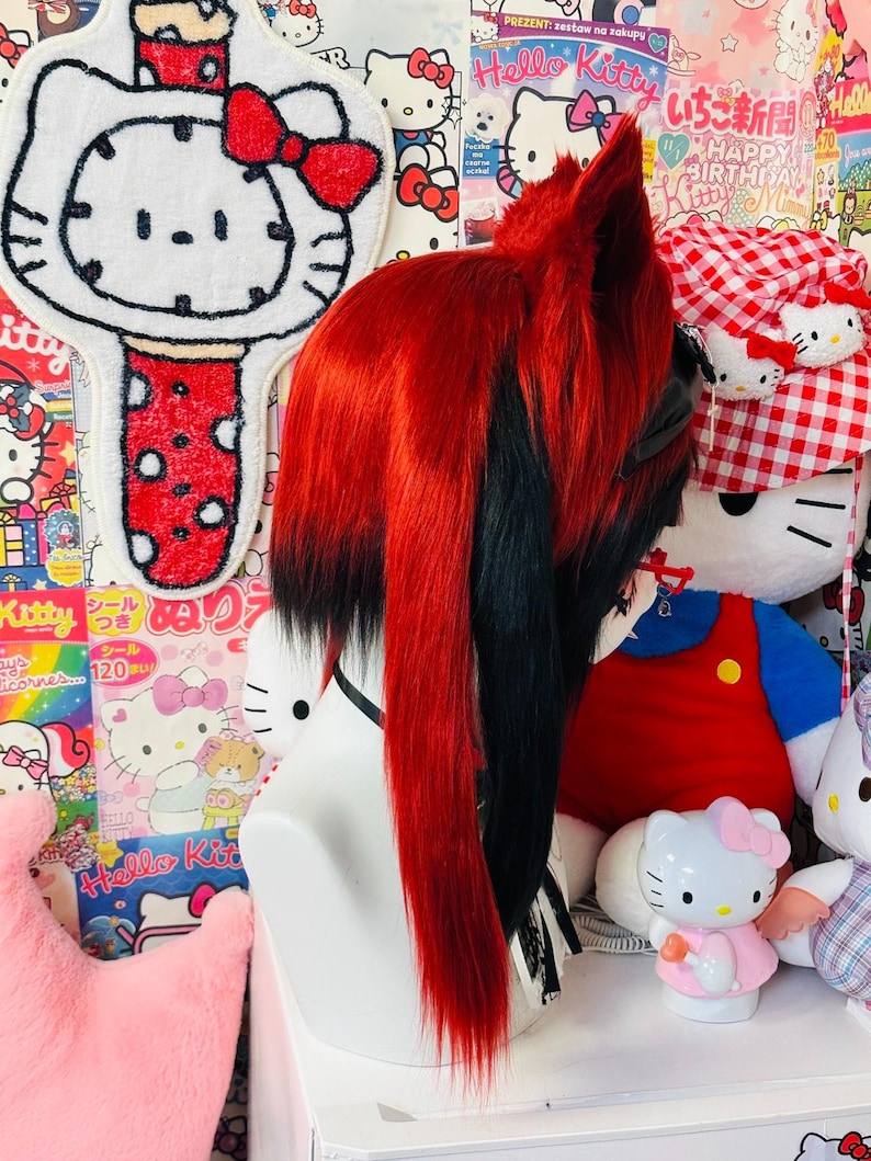 Gothic Kemono Fursuit Head, Black & Red Anime Fox Cat Cosplay Mask ...