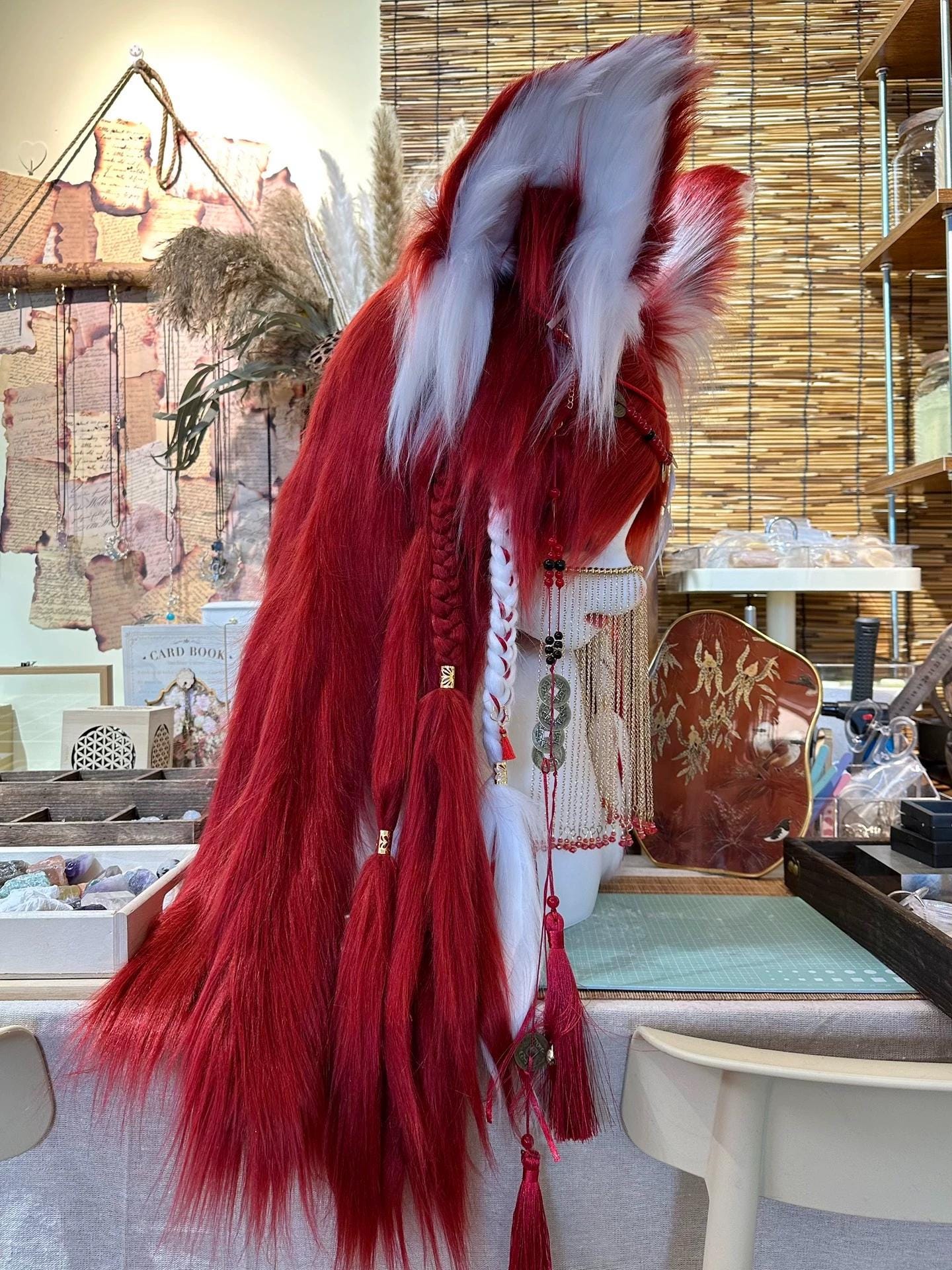 Custom Kemono Fursuit Head, Akahime Red Fox Mask With Braids & Veil ...