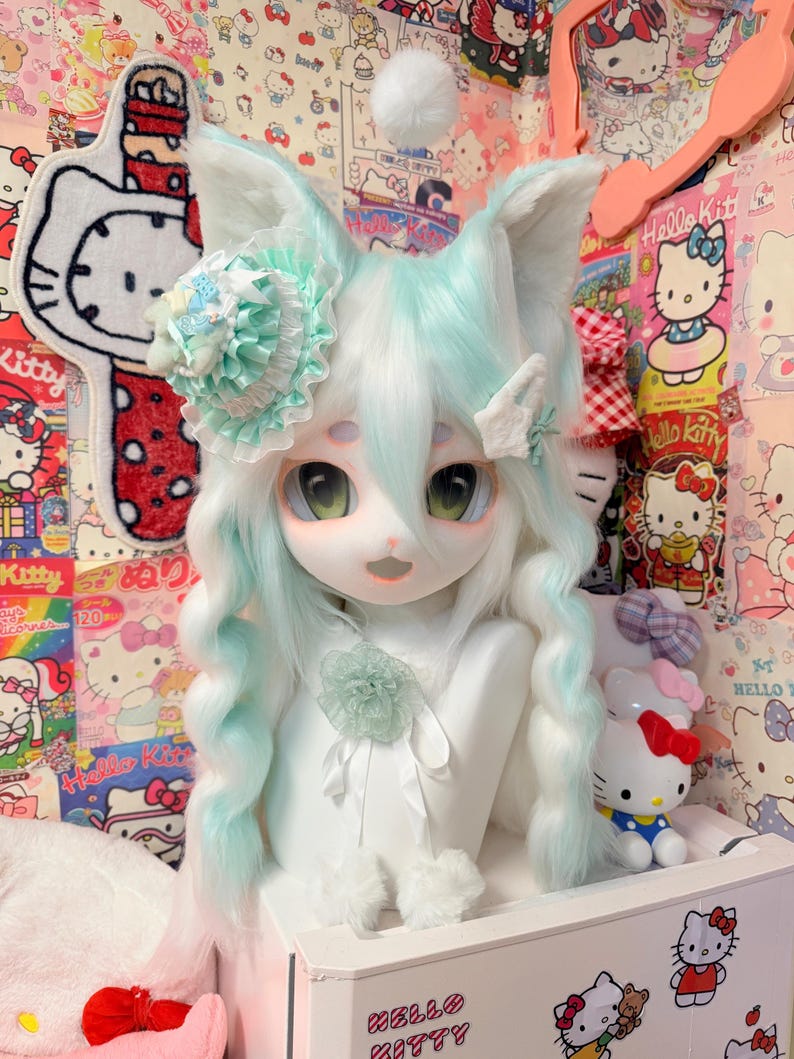 Handmade Custom Kemono Fursuit Head, Mint Fox Cosplay Mask With Braided ...