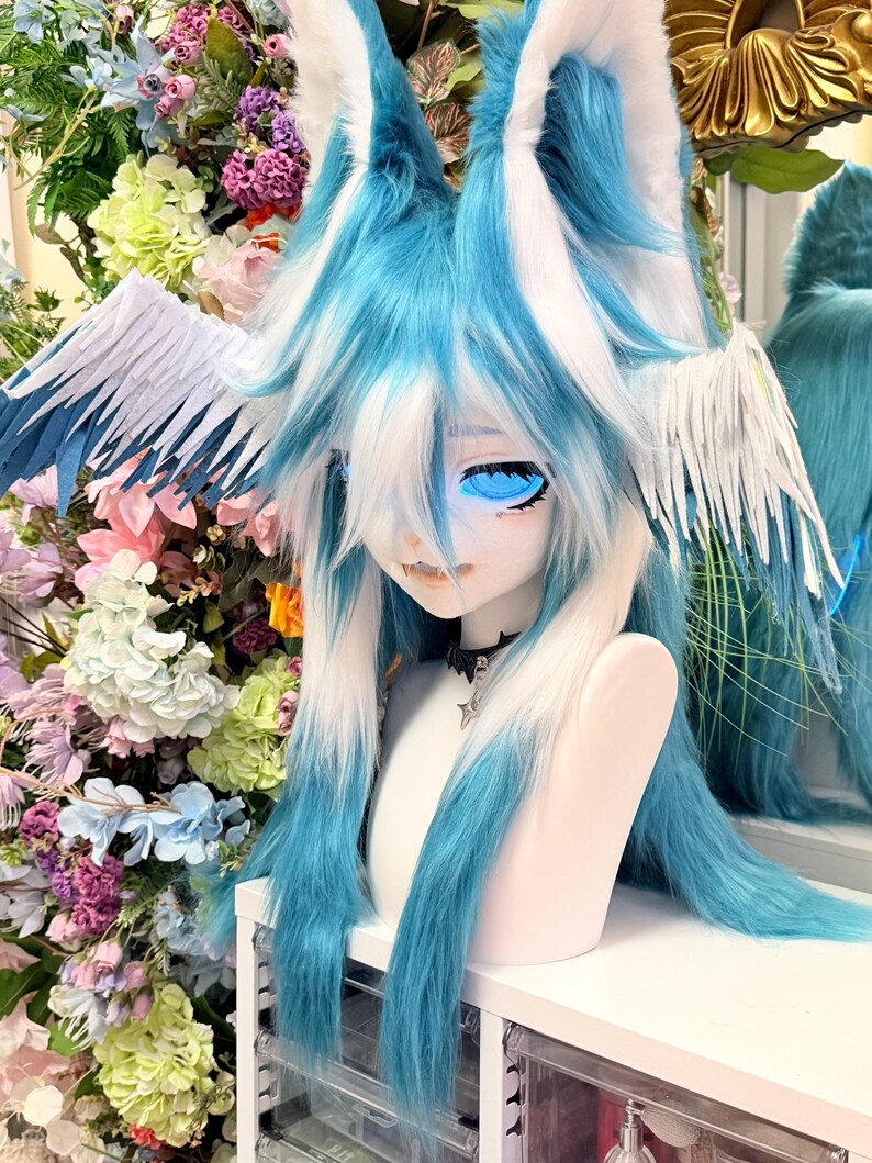 Sky Wing Kemono Fursuit Head, Teal White Fox Wolf Mask With Angel Wings ...