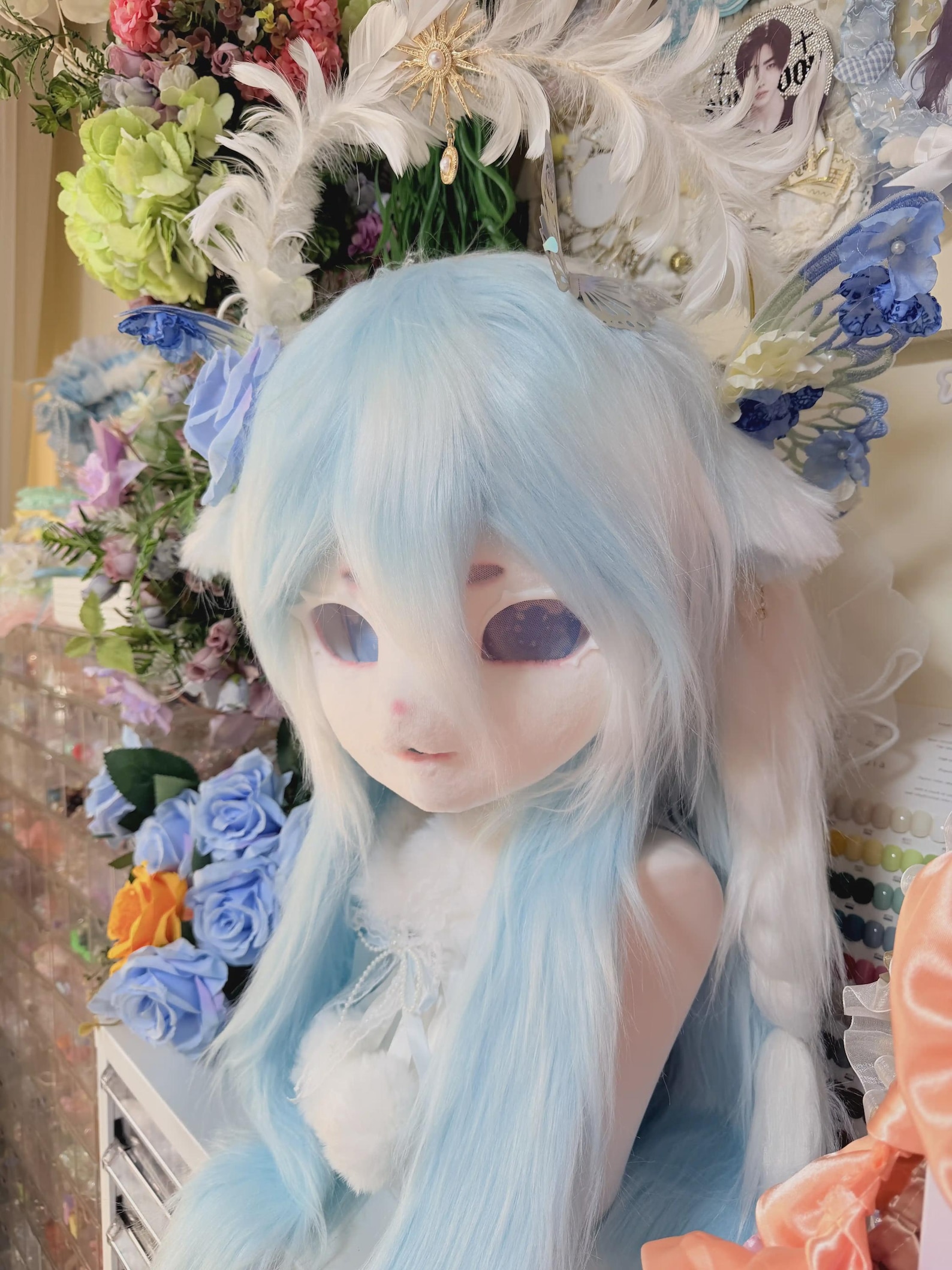 Custom Kemono Fursuit Head, Pastel Blue Fox Cat Mask With Feather ...