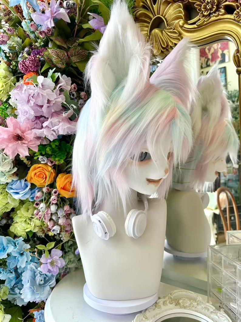 Pastel Wolf Fox Fursuit Head: Kemono Cosplay Mask With Headphone Crown ...