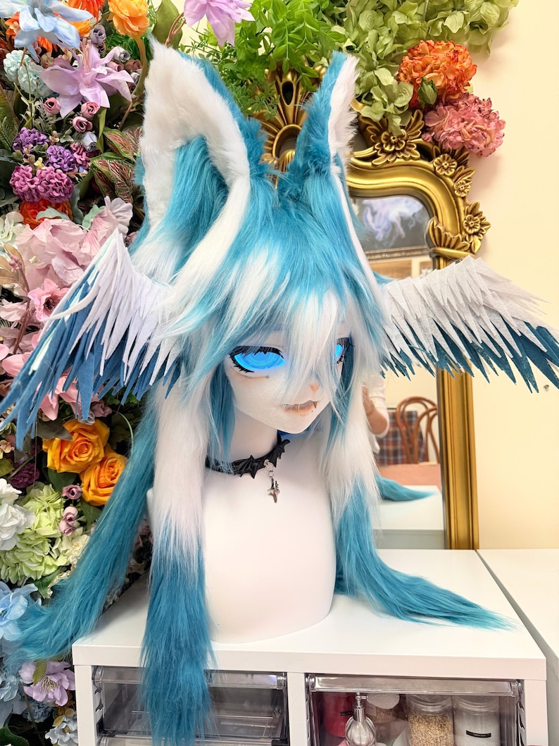 Sky Wing Kemono Fursuit Head, Teal White Fox Wolf Mask With Angel Wings ...