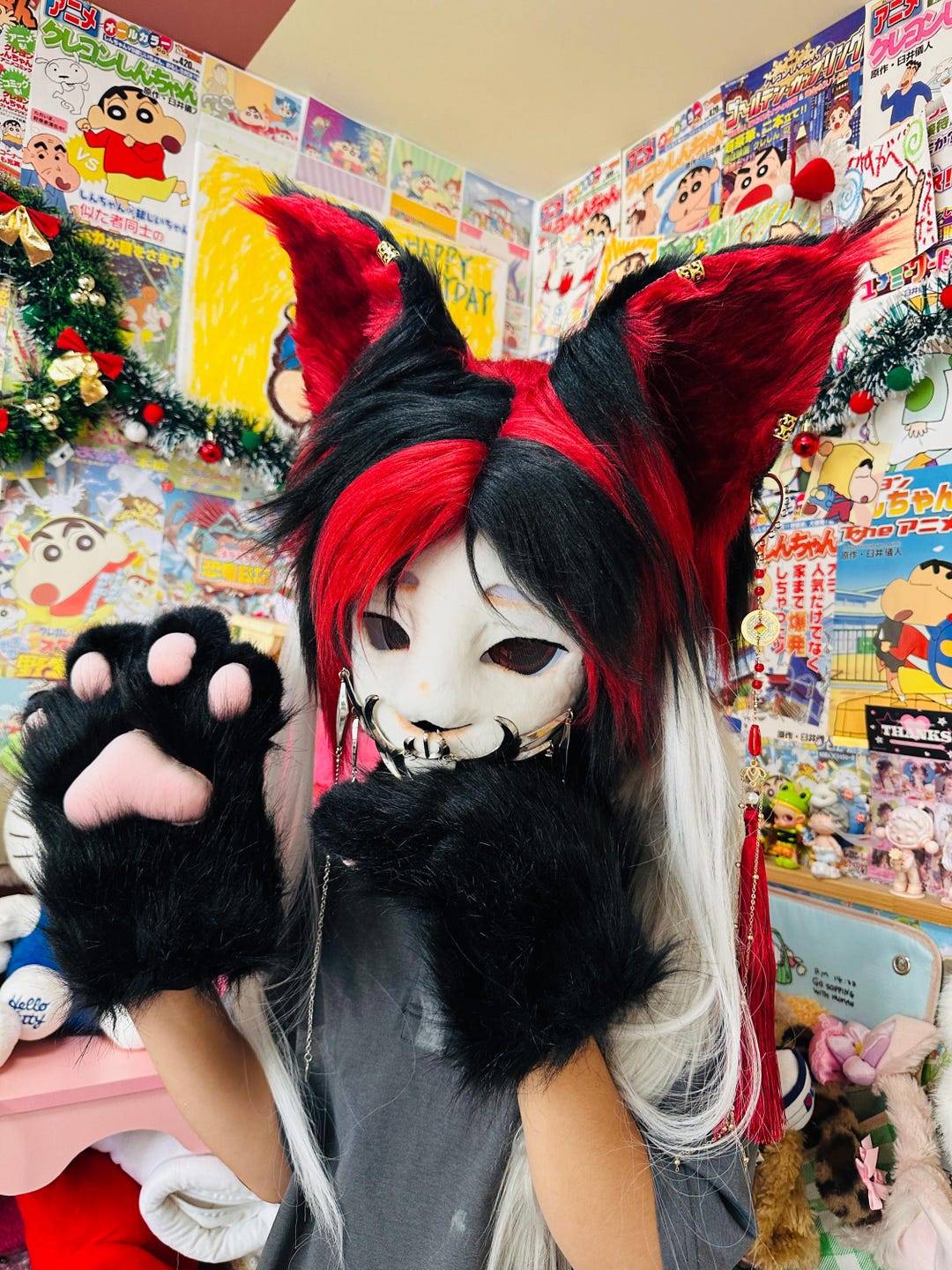 Akakuro Japanese Oni Fox Kemono Fursuit Head – Red Black Visual Rock ...